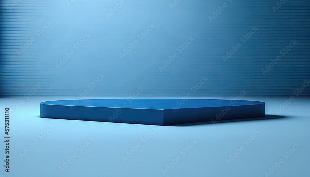 Blank product display on a blue studio background with a pedestal or ...