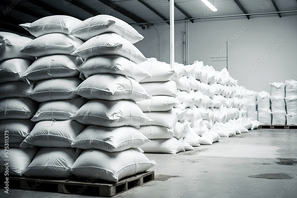 Labor force overload Bags in white sacks stacked in rows at a vast ...