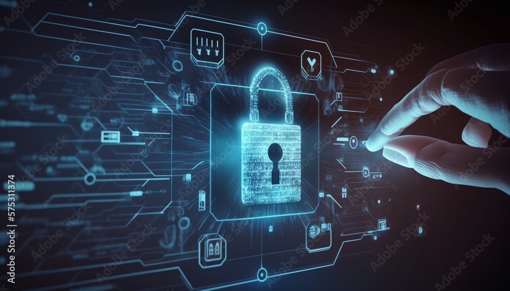 hand pushing a button on a touch screen on Cyber security interface ...