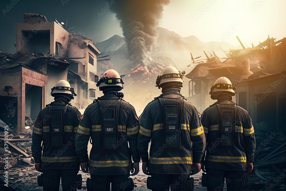 Group of rescuing firefighters seen from the back, contemplating the ...