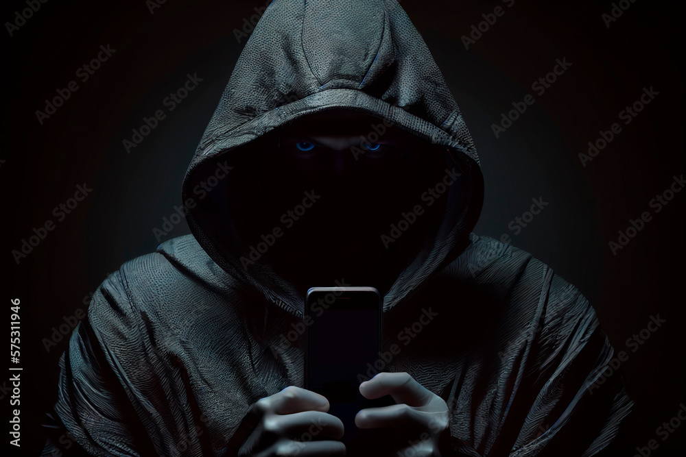 A hooded man with an intimidating look, holding a smartphone in his ...