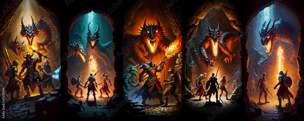 Adventurer fighting dragon, swordsman, game, RPG, illustration set, AI ...