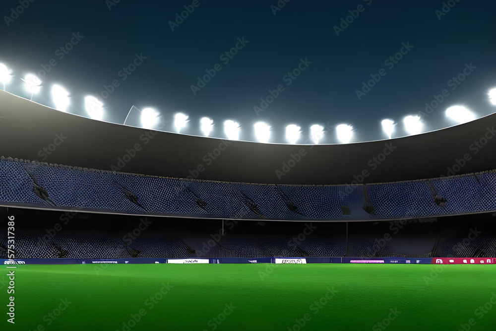 Football stadium penalty spot view with empty goal and cheering fans on ...