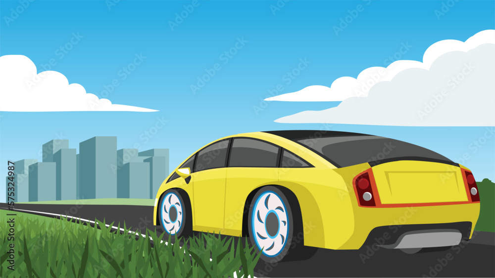 Vector cartoon landscape of asphalt road on wide open field. Yellow ...
