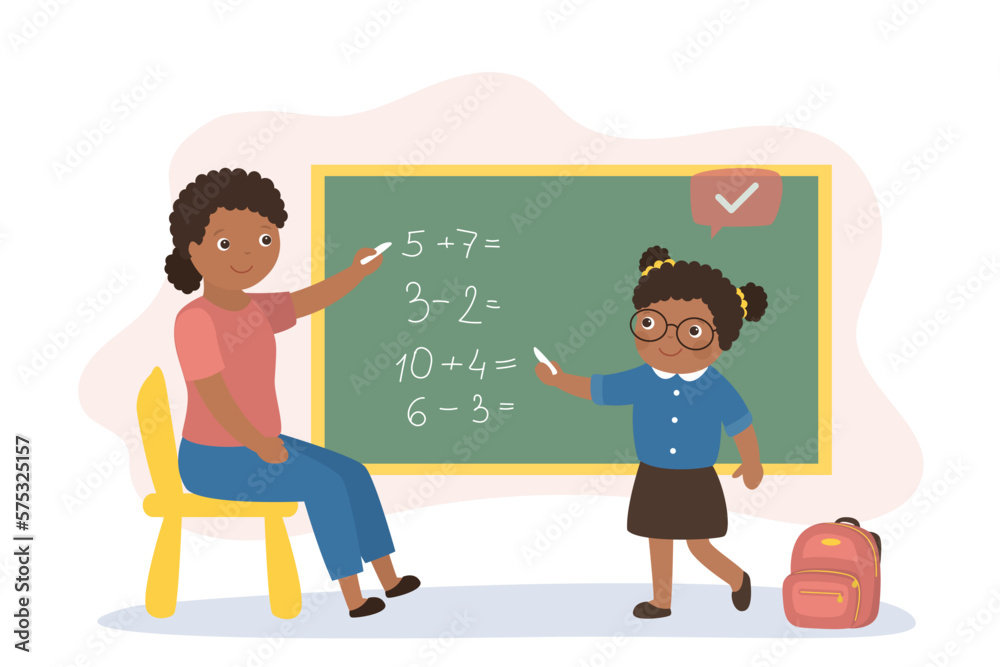 Teacher explains math. Cute african american schoolgirl stands at ...