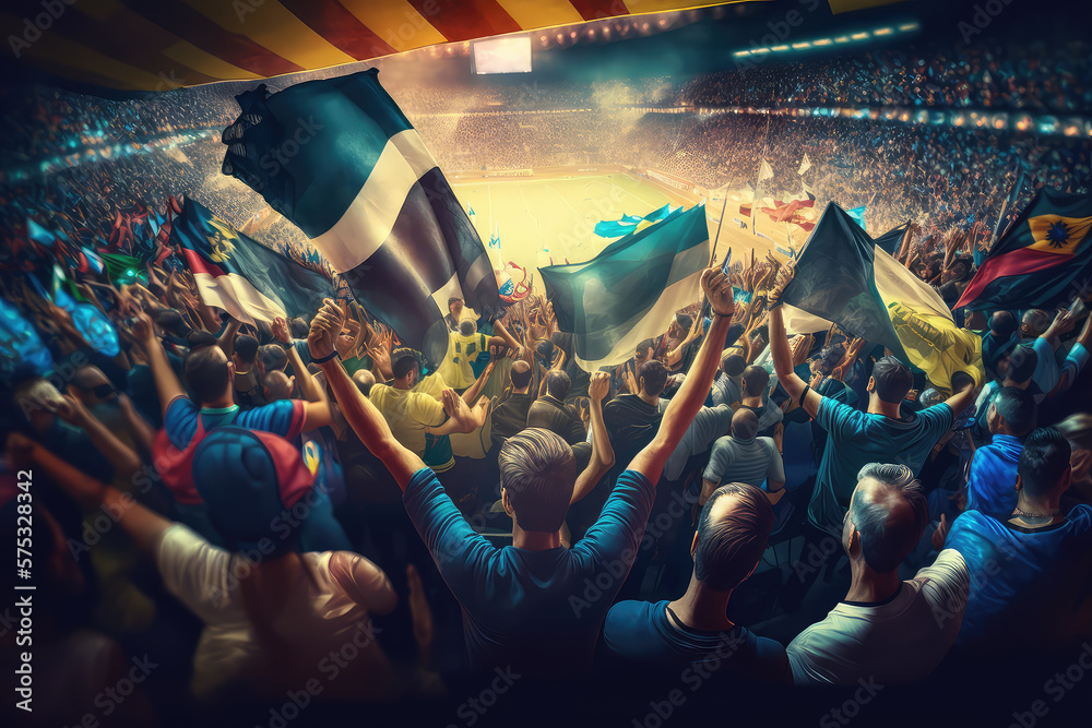 Digital painting of Support. Back view of football, soccer fans ...