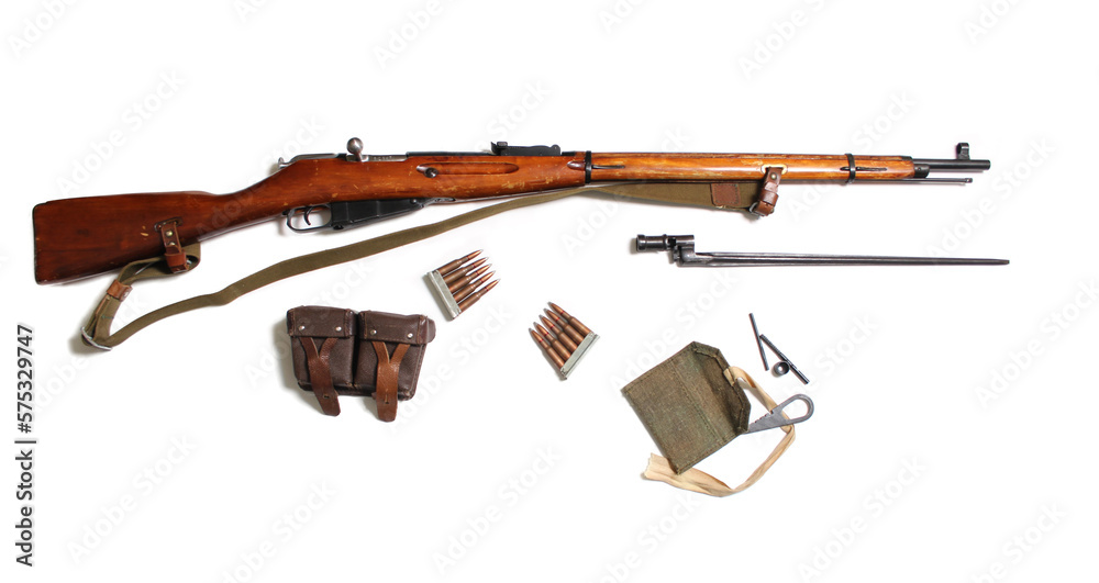 Antique Russian Military Rifle With Ammunition Isolated on White Stock ...
