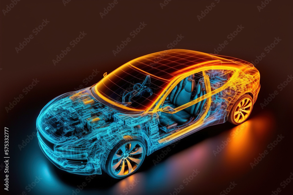 Virtual simulation of future electric car showing wireframe prototype ...