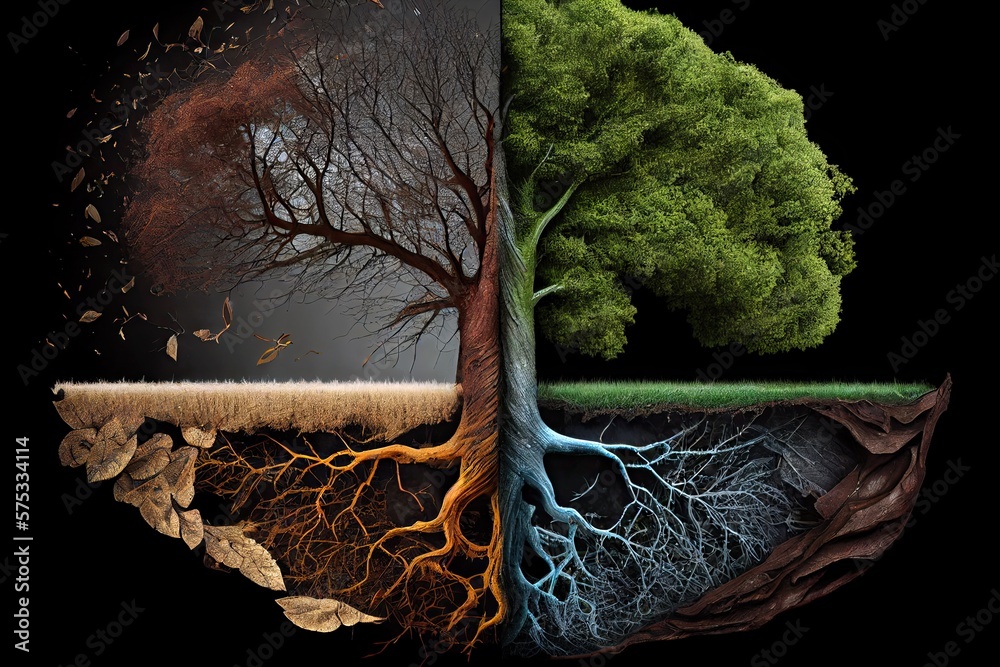 Half of the tree is intact and green, the other half is withered brown ...