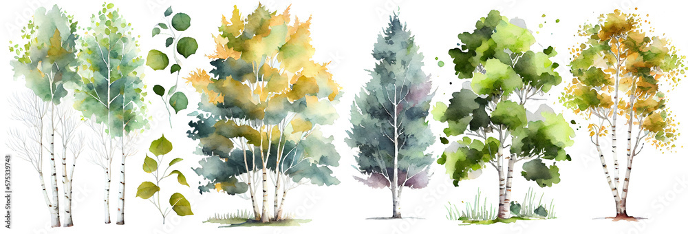 Watercolor trees collection. Set of hand drawn trees. Forest tree pack ...