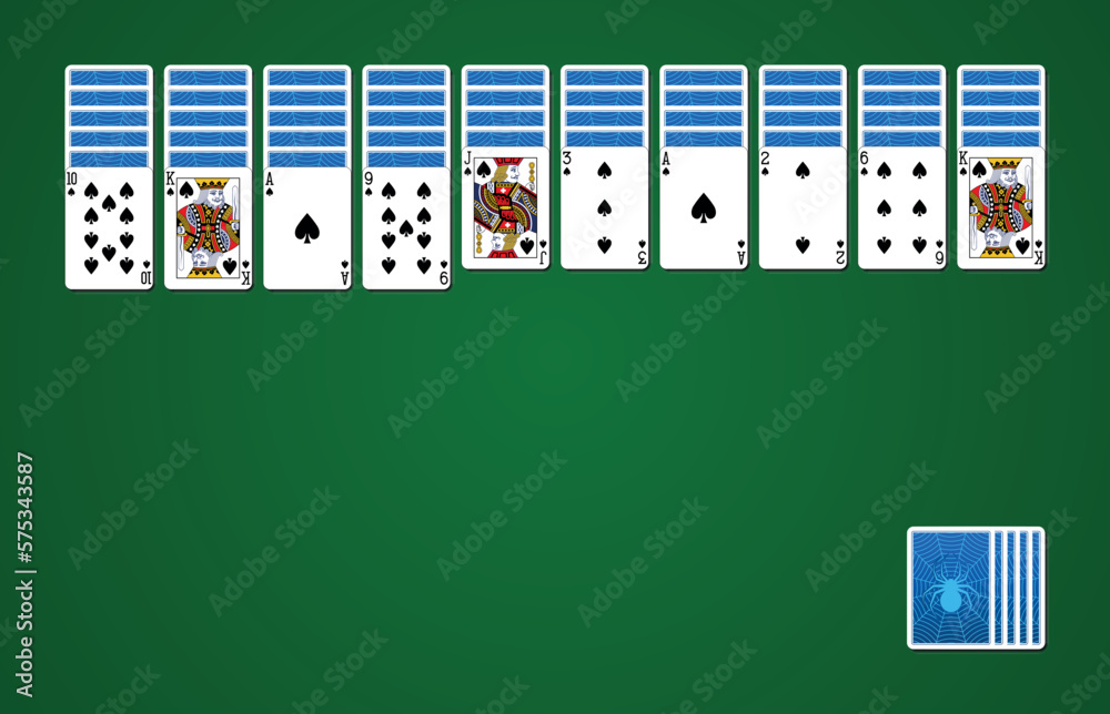 Spider Solitaire Card Game on green background with standard playing ...