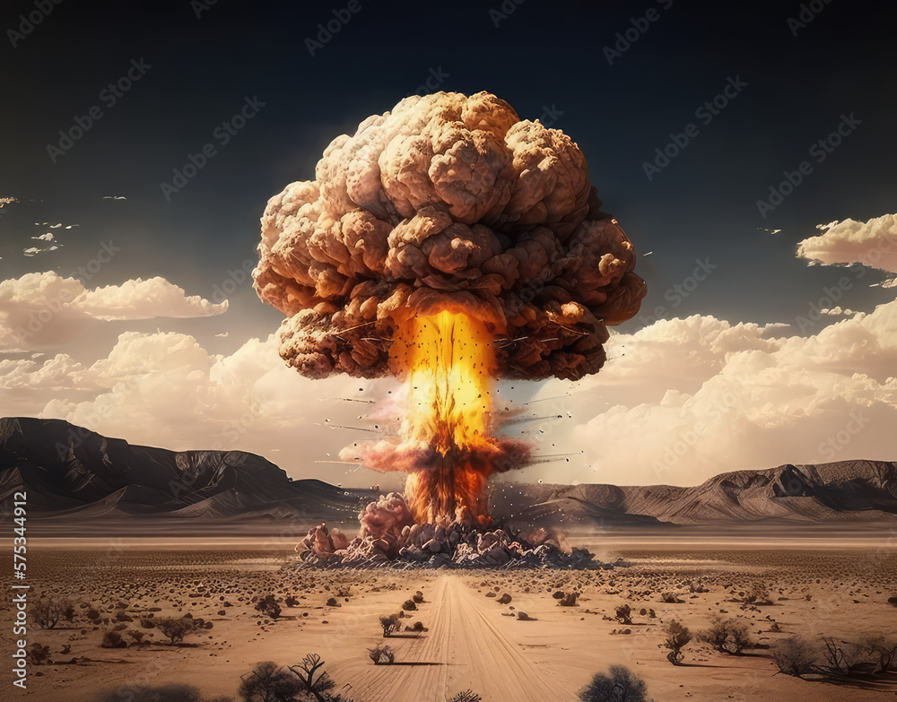 Terrible explosion of a nuclear bomb with a mushroom in the desert ...