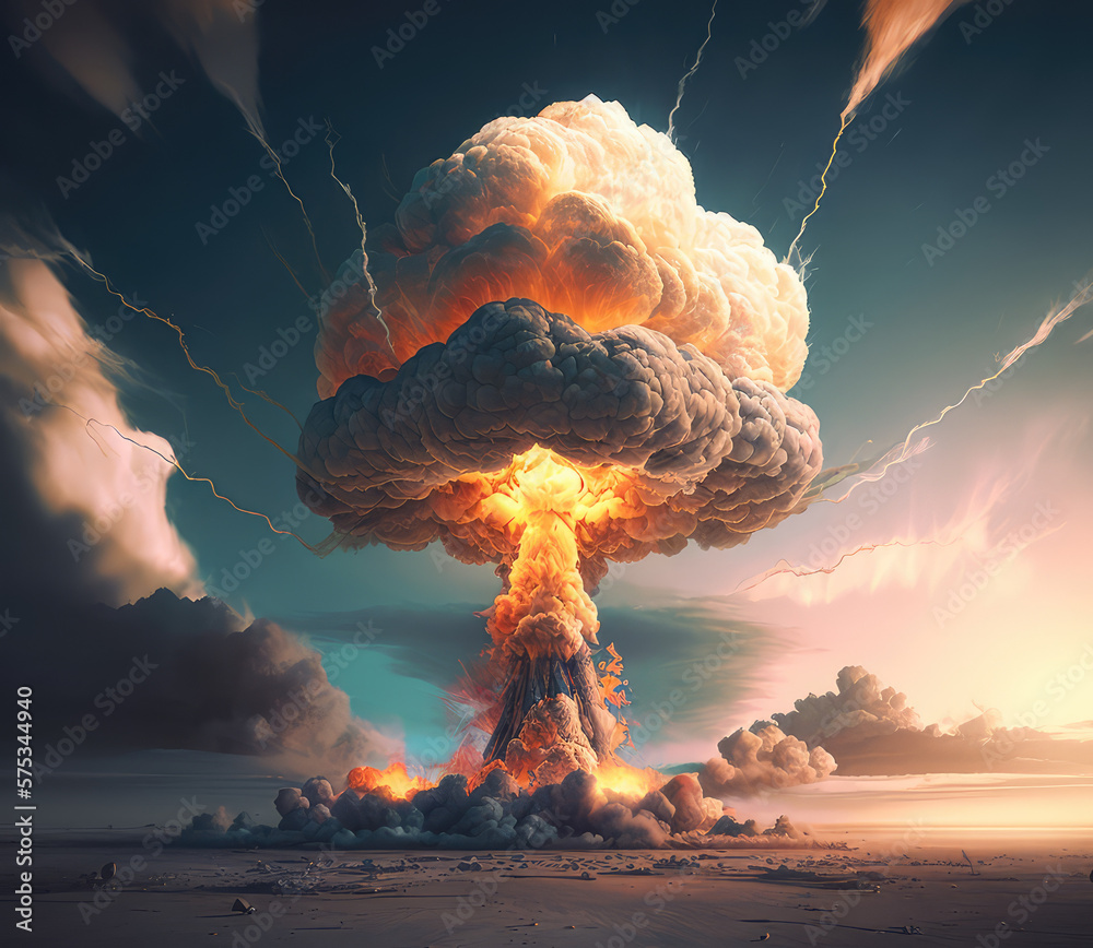 Terrible explosion of a nuclear bomb with a mushroom in the desert in ...