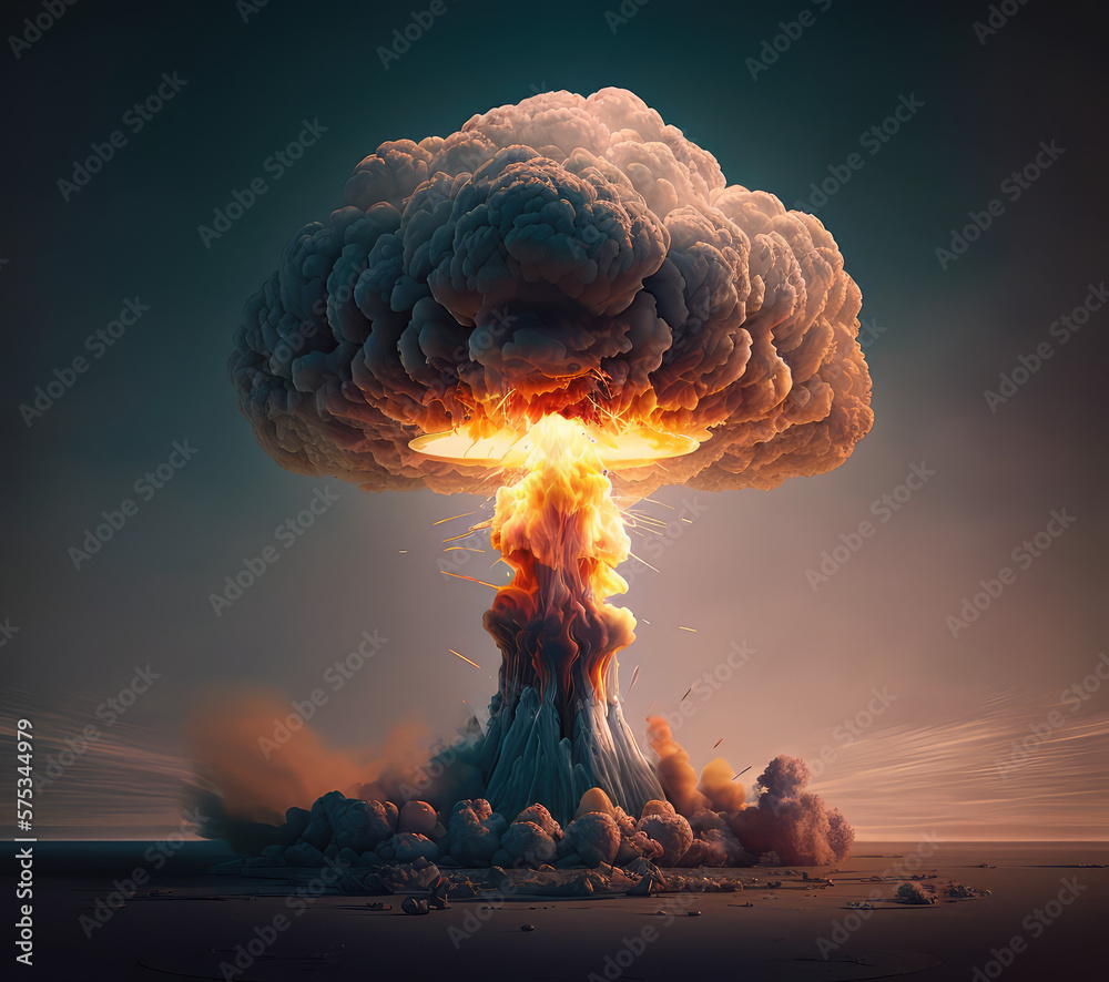 Terrible explosion of a nuclear bomb with a high mushroom in the desert ...