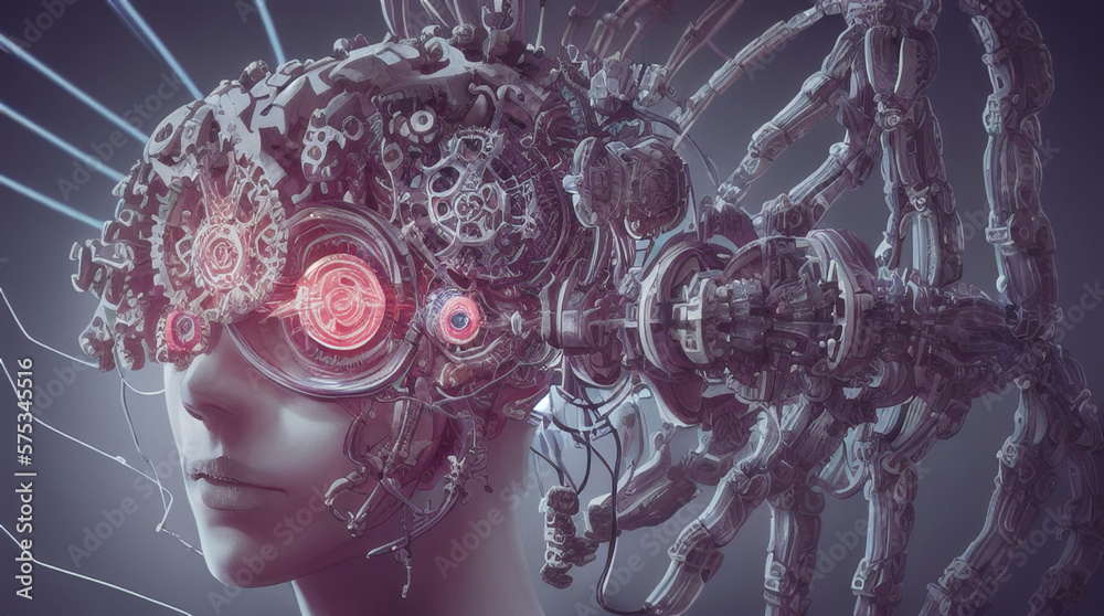 mechanical human brain made of cogs and gears and wires, highly ...