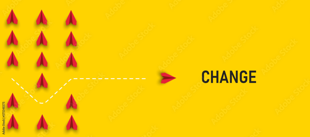 paper airplanes. red airplane changing path It is moving towards change ...