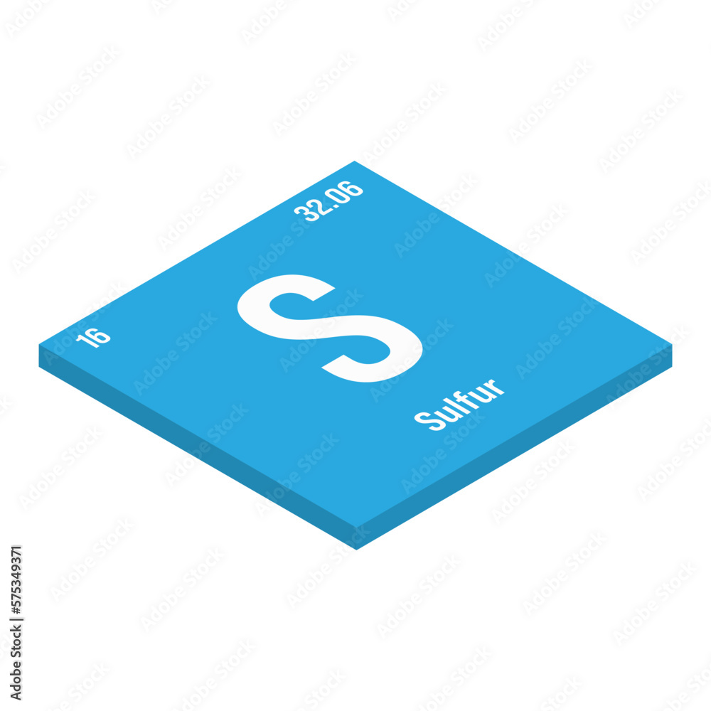 Sulfur, S, periodic table element with name, symbol, atomic number and ...