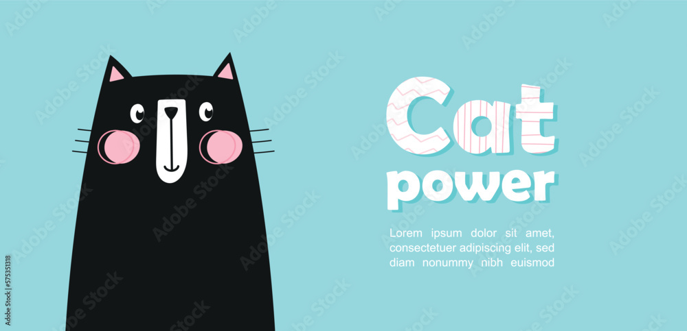 Black kitten banner. Cat power concept. Funny cute animal and pet ...