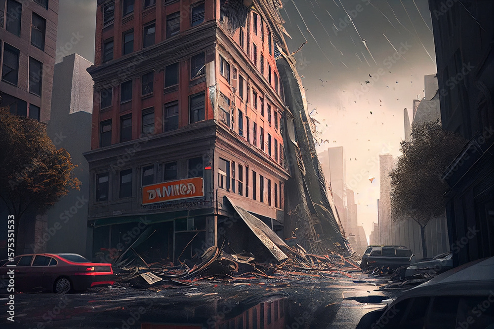 Collapsed building in earthquake in downtown. Earthquake in city. High ...