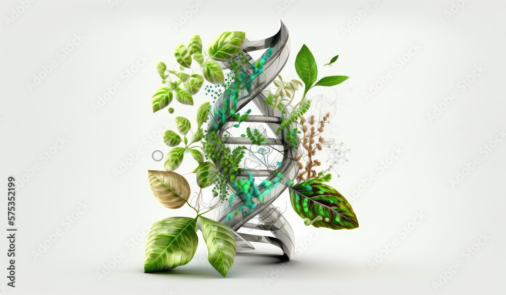 Dna chain surrounded by green leaves isolated on light background ...