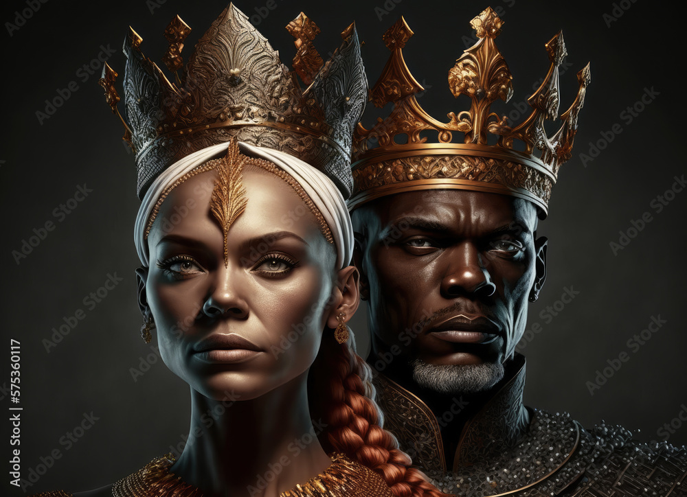 A Portrait of an african royal couple - king and queen against a black background. Created with ...