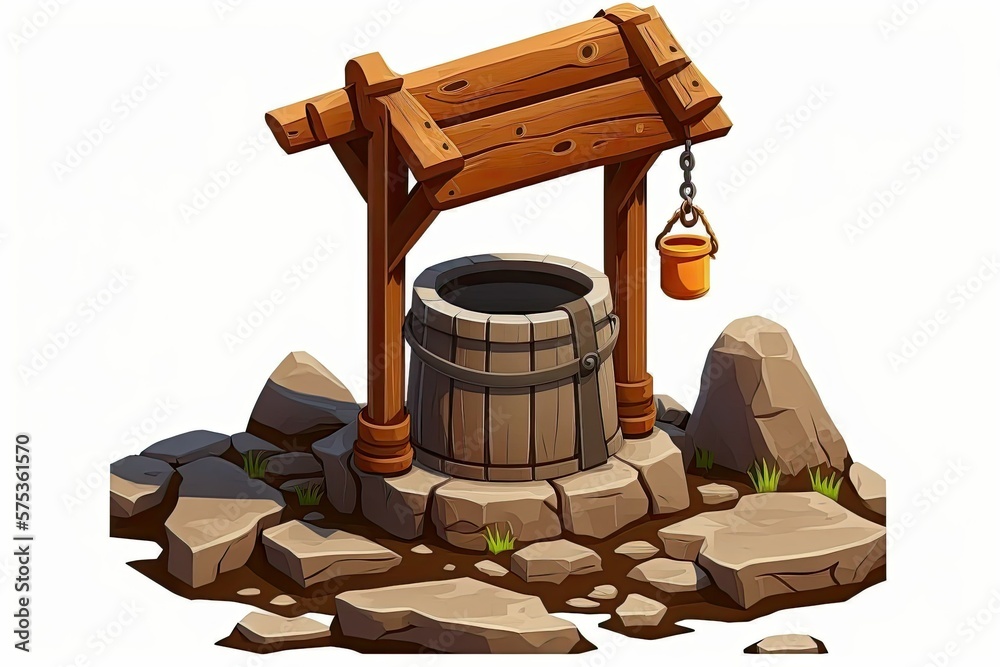 Cartoon illustration of a stone and wooden water well, complete with a ...