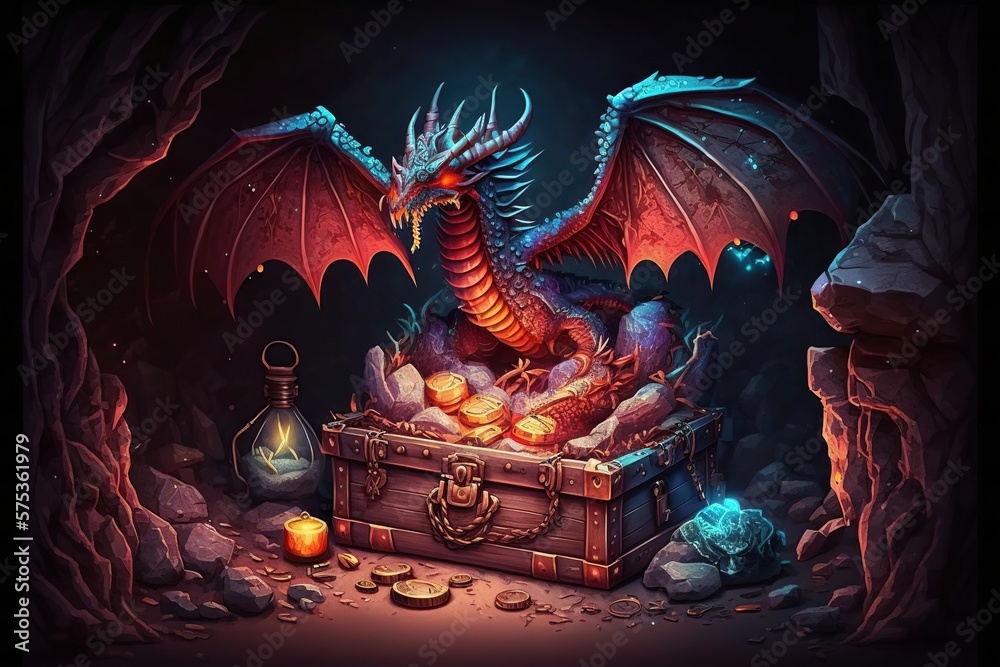 Cave with dragon and treasure, piles of gold coins, jewelry and gem. Ai ...