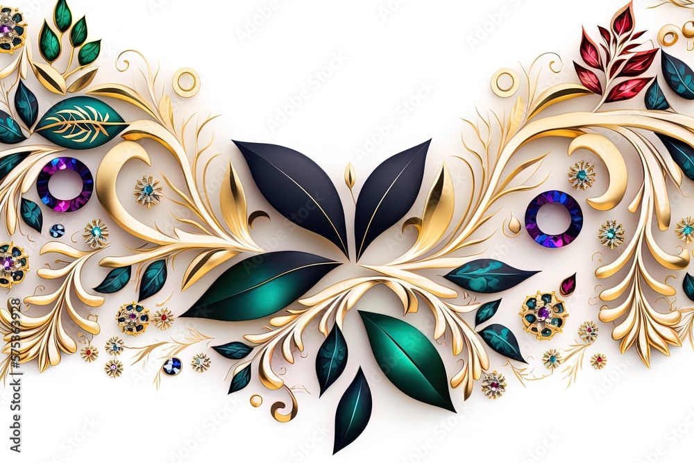 Realistic detailed flowers and leaves made of gold jewelry with ...