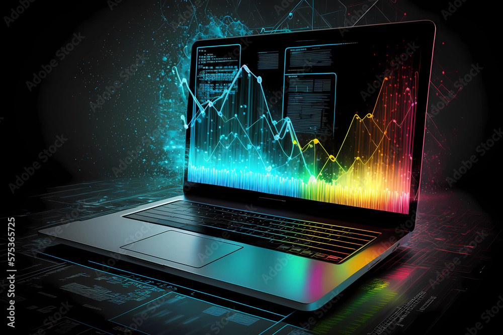laptop computer with graphic and code illustration, futuristic ...