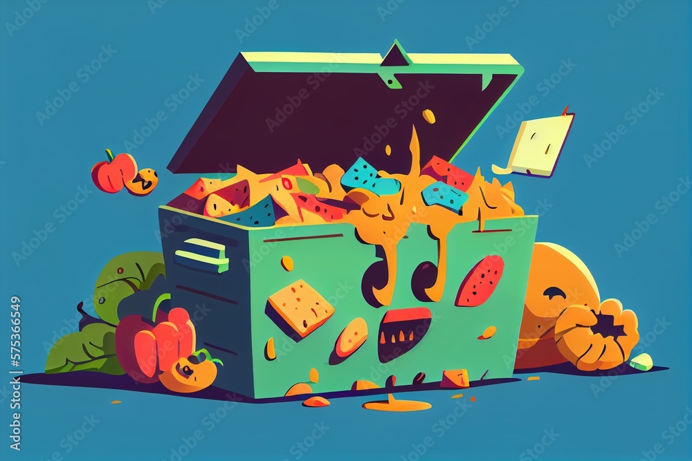 Food in perfect state in a dumpster, Good Food Wasted in a Bin. cartoon ...