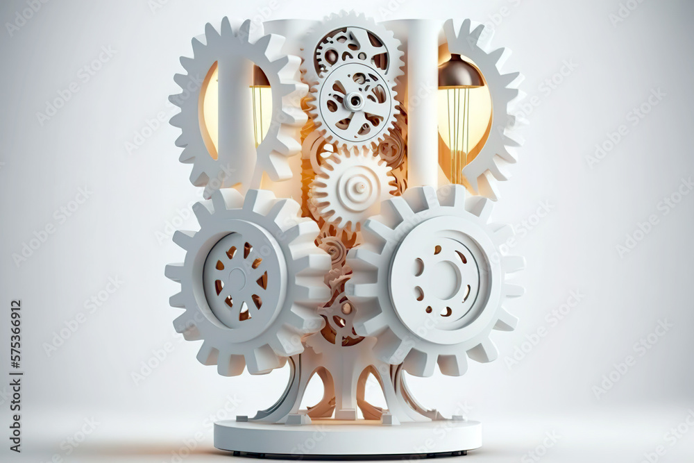 Mechanism with gears, a new lamp isolated on a white background. In the ...
