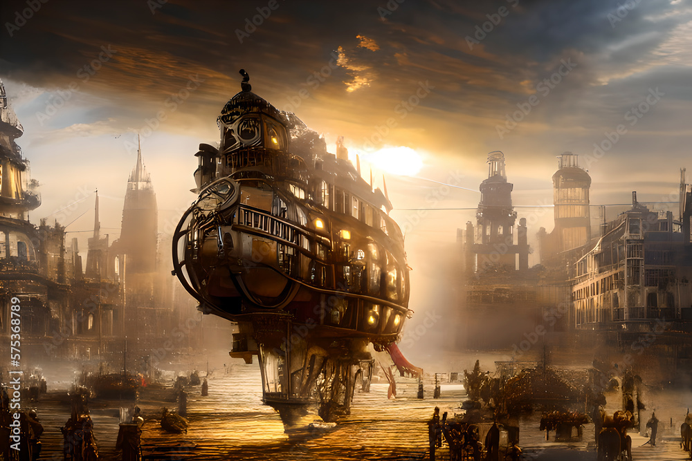 A steampunk world. A city where buildings are decorated with gears ...