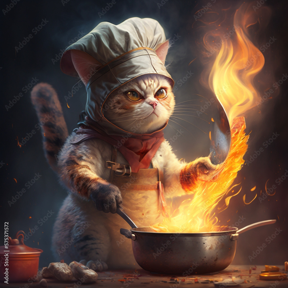 cute cat CHEF WITH FIRE, generative ai meal, bbq, pot, restaurant ...