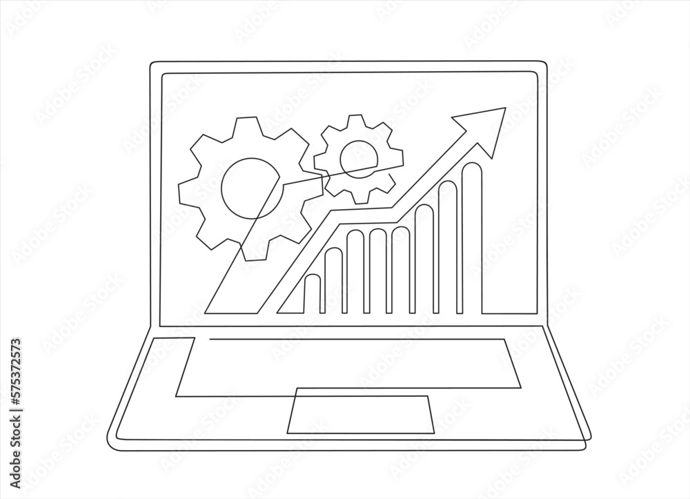 Vetor de One continuous line drawing of computer laptop with a chart ...