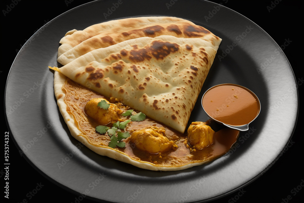 View of roti canai and chicken curry. Roti Canai and chicken curry is a ...