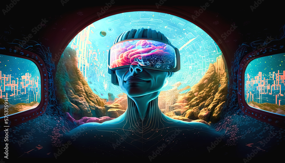 Generative AI illustration of a Creative Metaverse An Avatar wearing VR ...