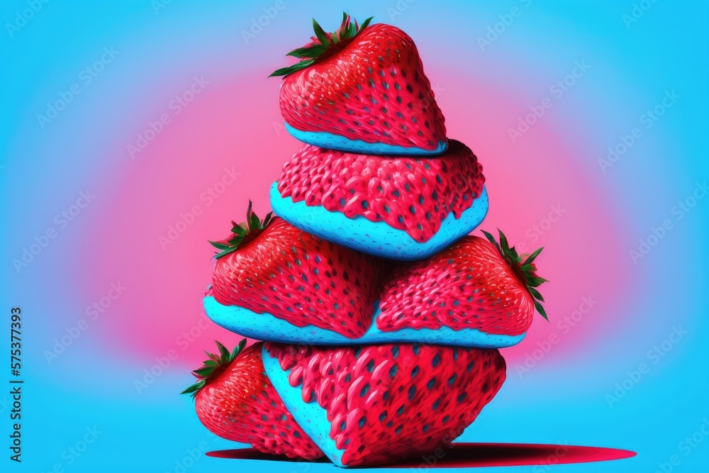 On top of a stack of whole strawberries is a cross section painted in a ...