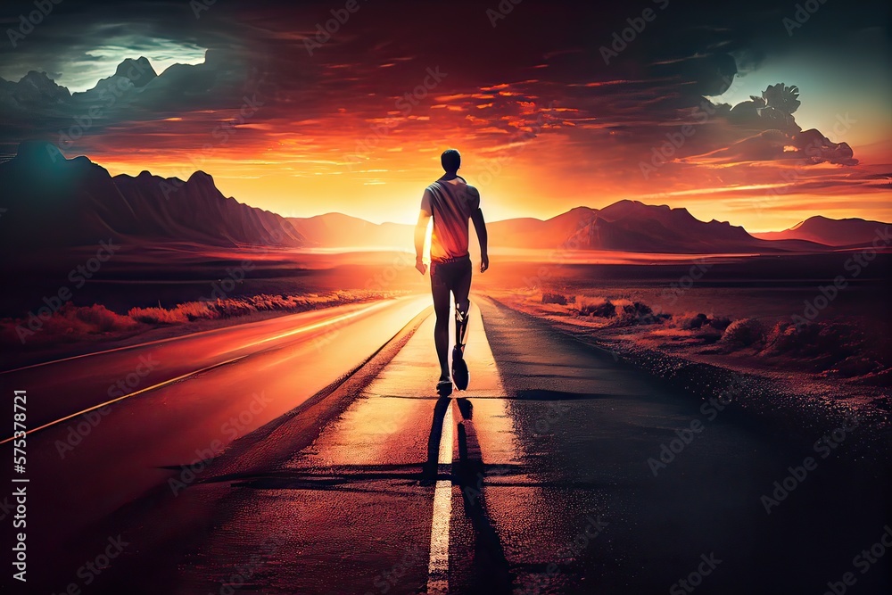 Generative AI illustration of an athletic man walking on a deserted ...
