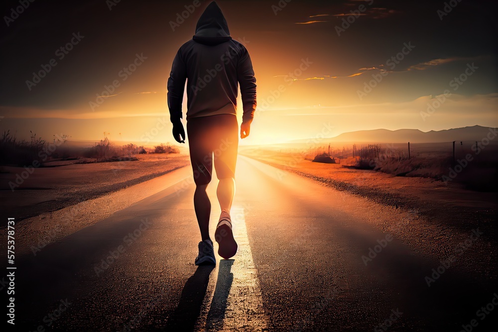Generative AI illustration of an athletic man walking on a deserted ...