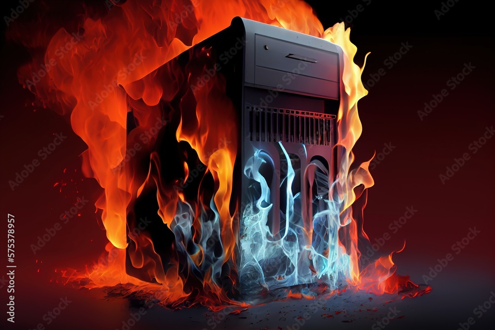 Generative AI illustration of burning computer server in messy dark ...