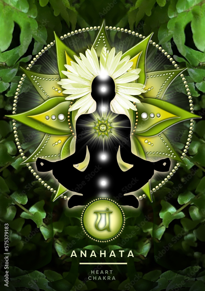 Heart chakra meditation in yoga lotus pose, in front of anahata chakra ...
