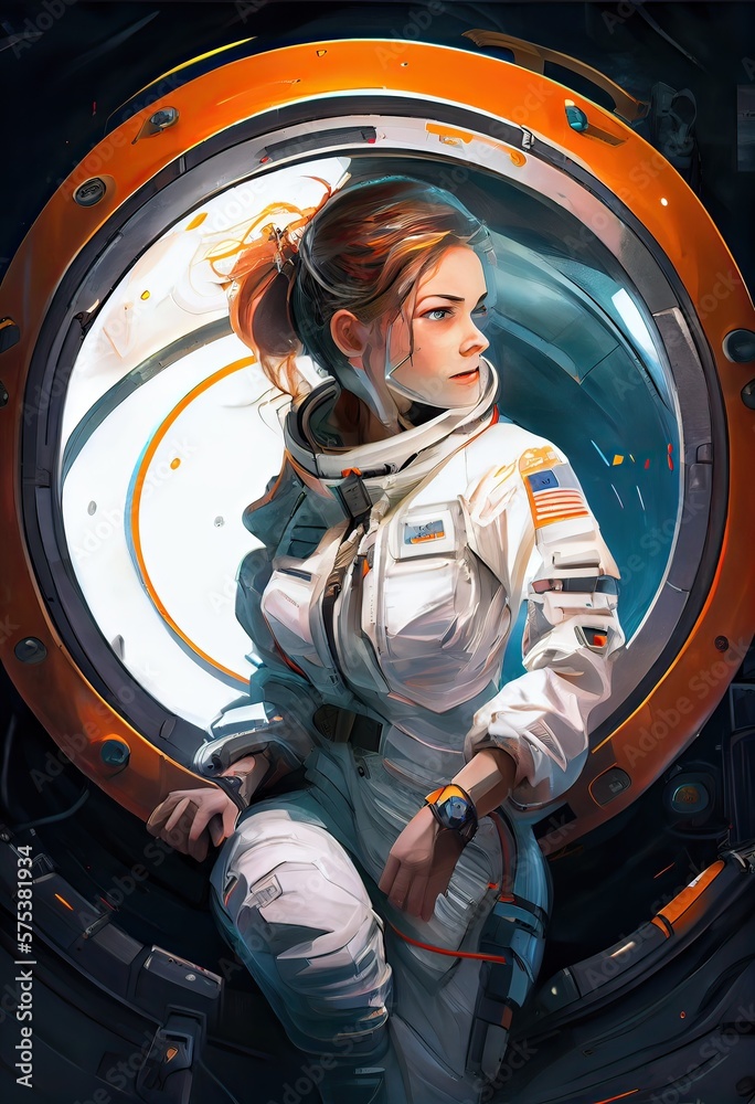 Generative AI illustration of the girl is the captain of a spaceship, a ...