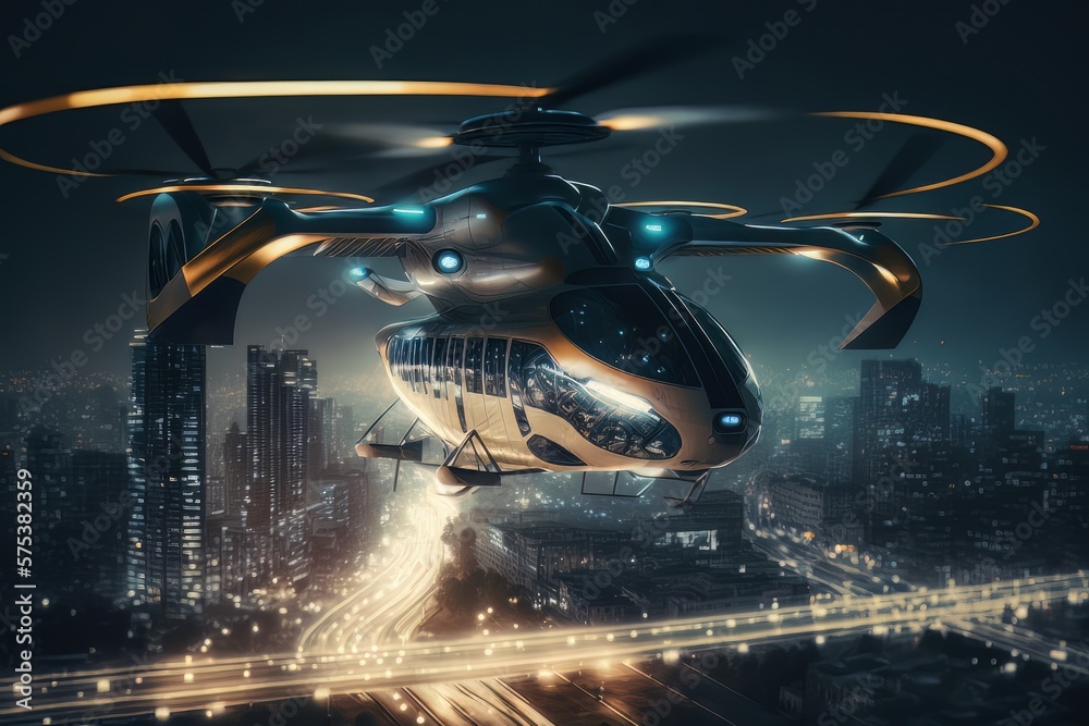 Urban air mobility at night fly across city. Air taxi, UAM urban air ...