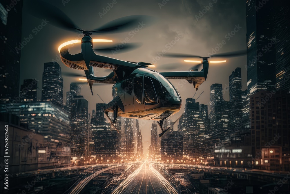 Urban air mobility at night fly across city. Air taxi, UAM urban air ...