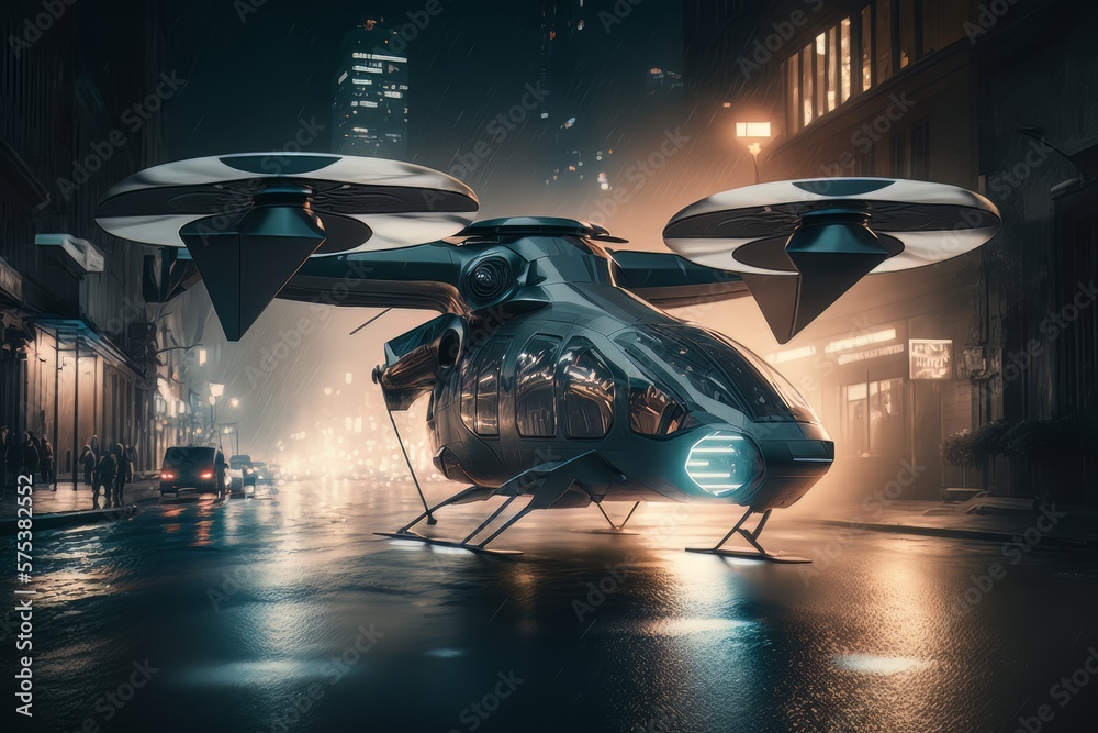 Urban air mobility at night fly across city. Air taxi, UAM urban air ...