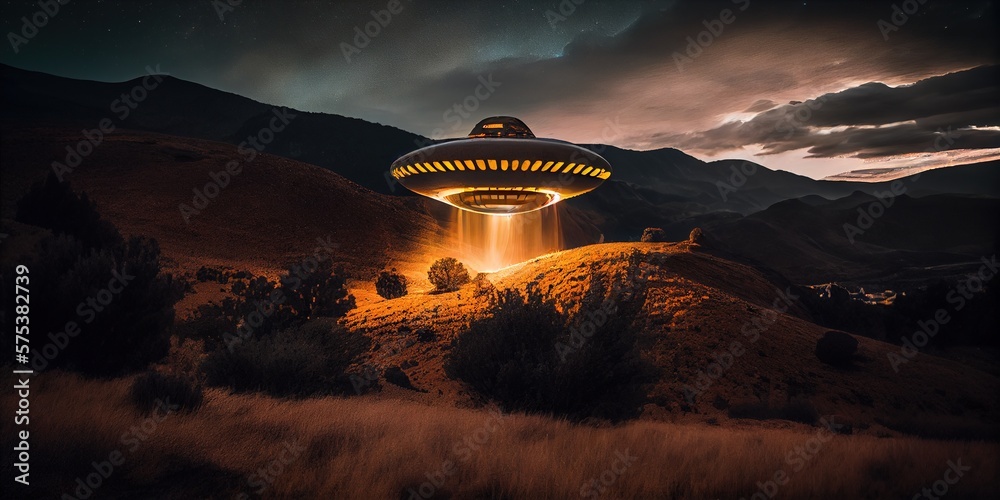 Generative AI illustration of a stationary UFO hovering in the hills ...
