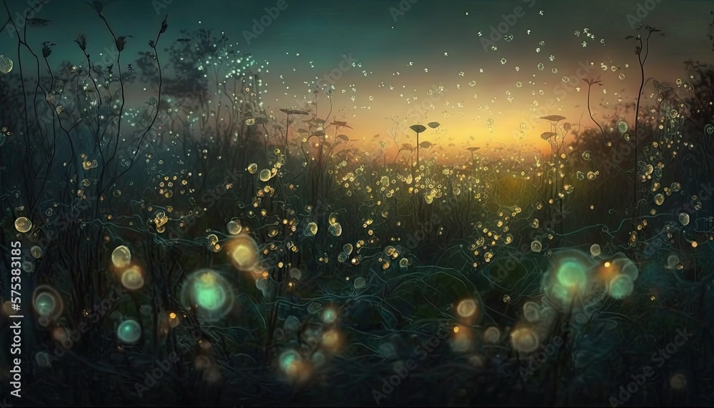 Firefly meadow. Night time lightning bugs in grass field. Magical landscape. Enchanted ...