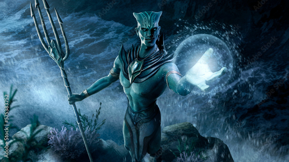 An underwater mage in a loincloth with bracelets on his arms and a ...