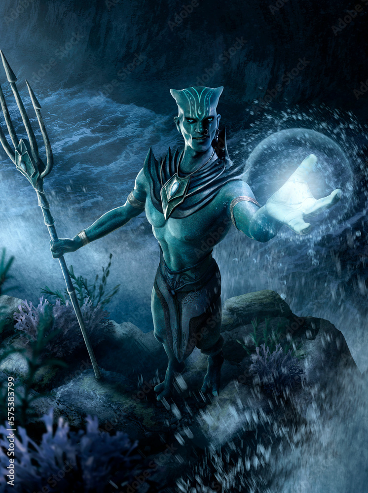 Sea fantasy character in full growth with a trident commands the ocean ...