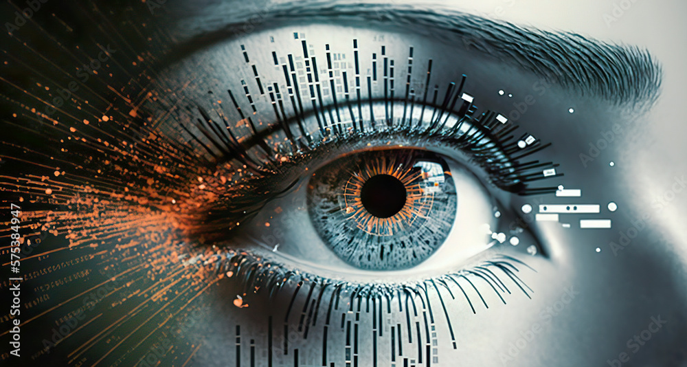 ภาพประกอบสต็อก Retina scanner shown using blue and green eyes ...